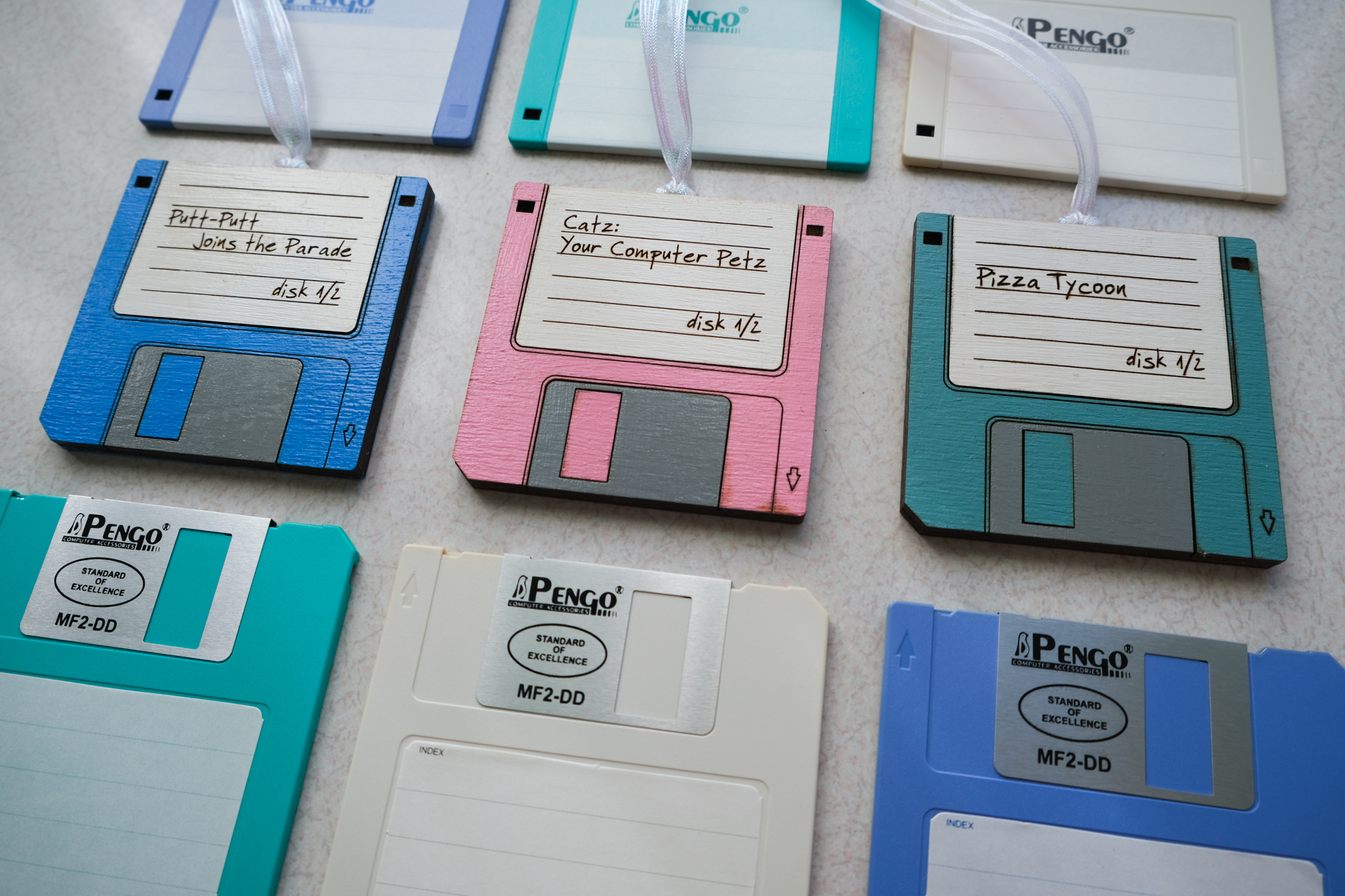 lasercut floppy disk ornaments – analog girl in a digital world
